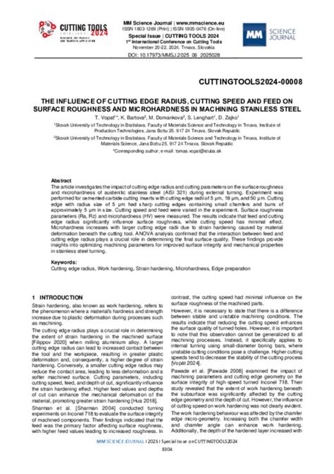 The Influence Of Cutting Edge Radius Cutting Speed And Feed On Surface Roughness And