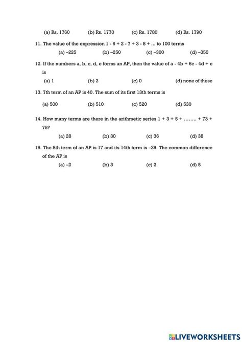 Arithmatic Progressions Worksheet Live Worksheets
