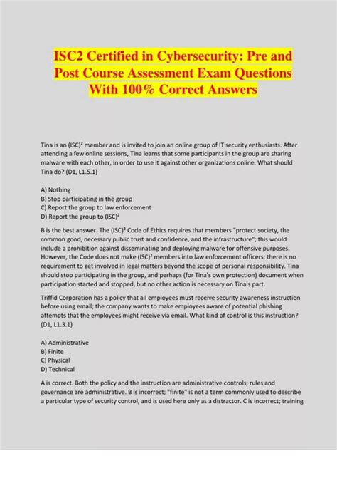 Isc2 Certified In Cybersecurity Pre And Post Course Assessment Exam Questions With 100 Correct