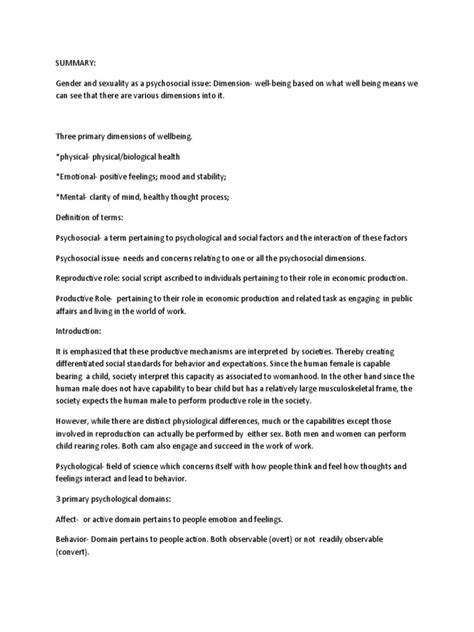 Summary Gender Sexuality As Psychosocial Issue Pdf Mind Emotions