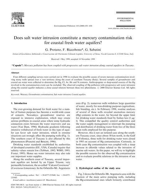 Pdf Does Salt Water Intrusion Constitute A Mercury Contamination Risk For Coastal Fresh Water