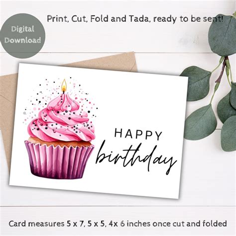 Printable Birthday Card Cupcake Card Watercolor Cupcake Birthday Card