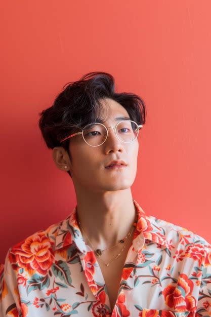 Premium Photo Stylish Man In Glasses And Floral Shirt Generative Ai
