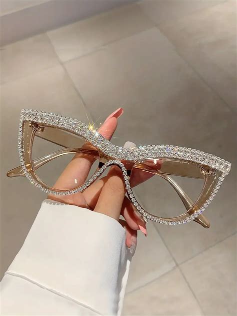 Cat Eye Clear Lens Glasses Women Men Luxury Rhinestone Party Temu