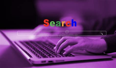 Hand Type Laptop And Searching Browsing Internet Data Information With Blank Search Bar Stock