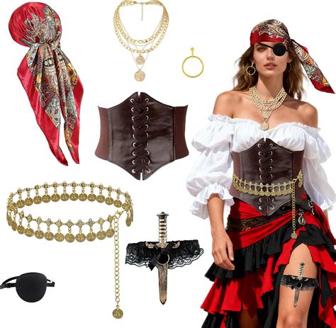 Ymo Pirate Costume Women With Head Scarf Necklace Waist