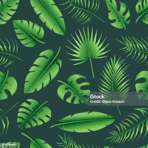 다른 열대 야자수 잎 정글 Monstera 바나나 잎의 매끄러운 패턴 녹색 식물의 이국적인 컬렉션입니다 인사말 카드 벽지 포장지