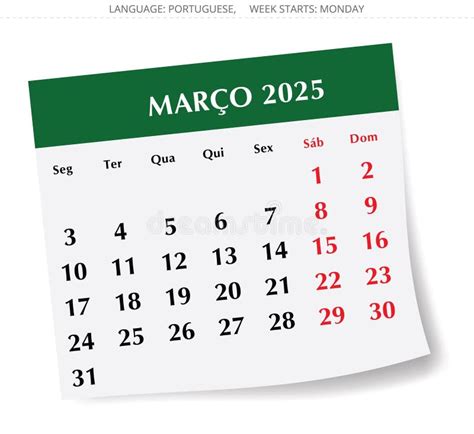 Marzo Calendario Mensual PortuguÉs Para 2025 Año Diseño De Papel De
