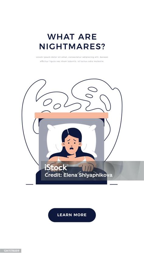 악몽 장애 배너 무서운 여자는 침대에 누워 악몽에서 깨어 유령을 두려워하고있다 수면 장애 불면증 나쁜 꿈 야간 테러 개념 플랫 벡터 일러스트레이션 겁먹은에 대한 스톡 벡터