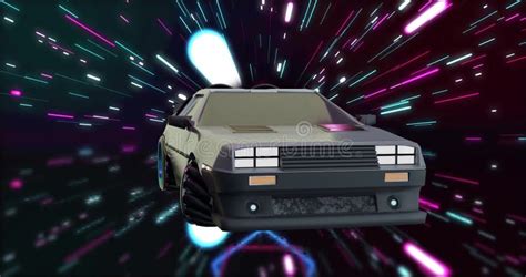 Animation Of Futuristic Car Rotating Over Neon Hexagons And Light Beams