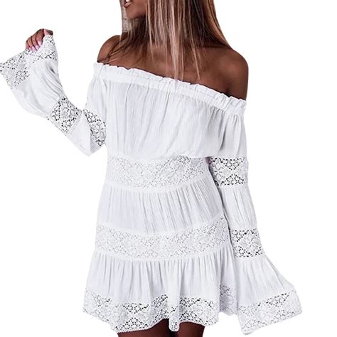 Ladies Lace Off Shoulder Mini Dress Women Summer Long Sleeve Beach