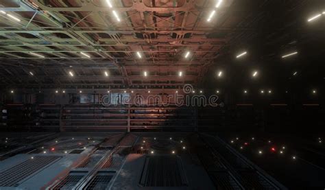 Wall And Ceiling Metal Control Room Laboratory In Dark Scene Stock
