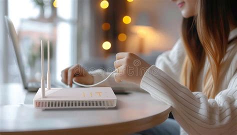 Woman Connecting Cable To Wi Fi Router At Table Indoors Closeup Stock