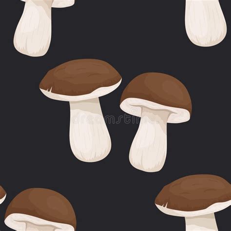 Vector Seamless Pattern With Bolete Mushroom On Black Seamless Texture