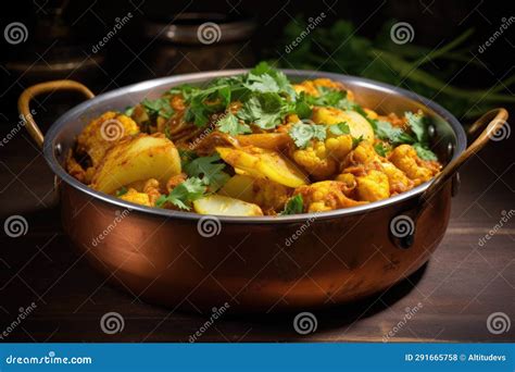 Vegan Aloo Gobi Potato And Cauliflower Curry In A Copper Pot Stock