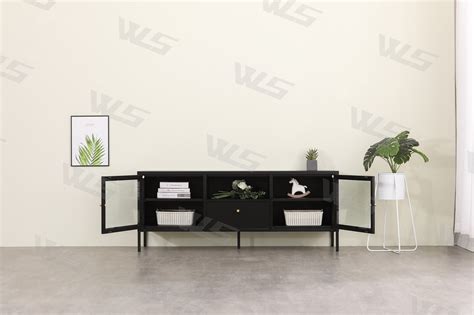 China Black Tempered Glass Door Steel Tv Stand Cabinet Manufacturers
