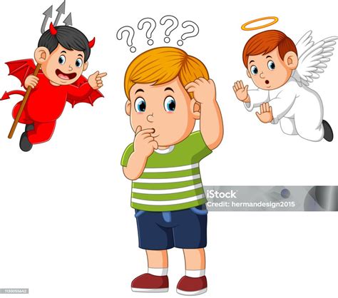 Devil And Angel On A Young Man Shoulder Whispering Temptation Into Ear