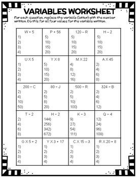 Math Algebra Substituting Variables In An Equation Worksheets