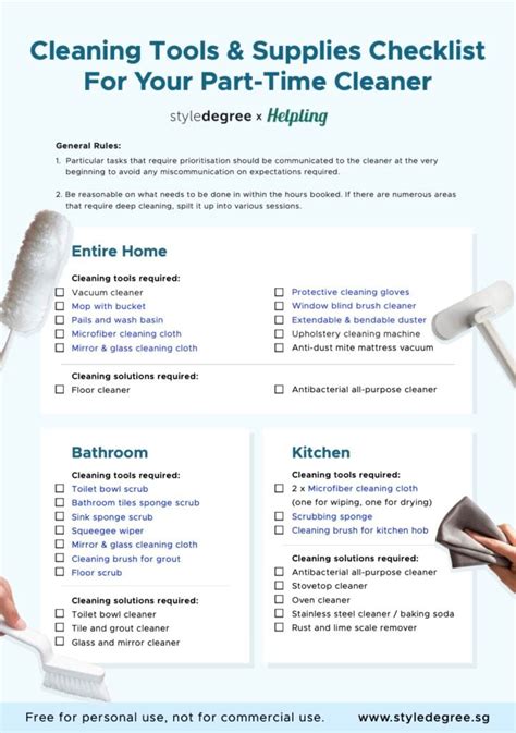 Cleaning Tools And Supplies Free Checklist For Part Time Cleaner Style