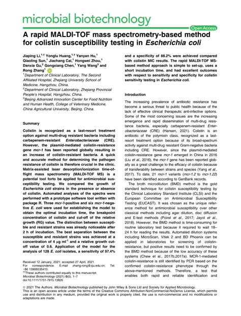Pdf A Rapid Maldi‐tof Mass Spectrometry‐based Method For Colistin Susceptibility Testing In