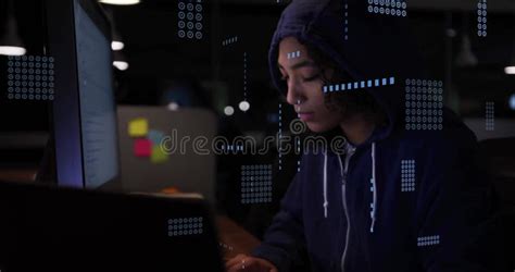 Animation Of Data Processing Over Female Hacker Using Computer Stock