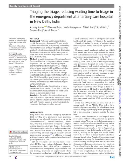 PDF Triaging The Triage Reducing Waiting Time To Triage In The Emergency Department At A