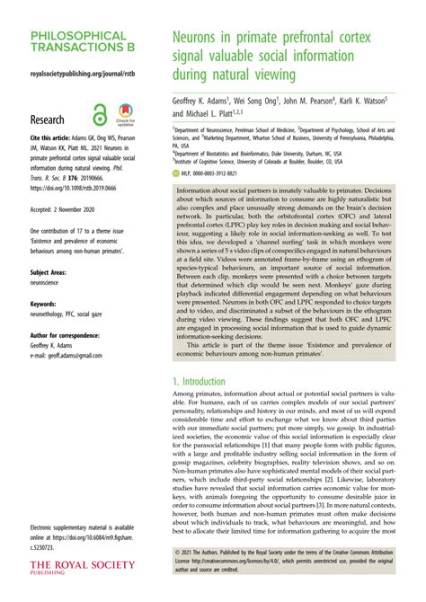 Pdf Neurons In Primate Prefrontal Cortex Signal Valuable Social