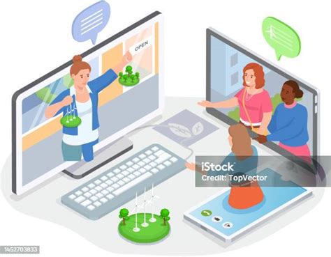 여자는 온라인으로 친구들과 의사 소통합니다 온라인 화상 채팅으로 여성 캐릭터와 채팅 3차원 형태에 대한 스톡 벡터 아트 및 기타 이미지 3차원 형태 개념 개성 개념
