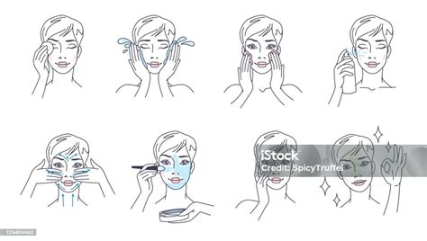스킨 케어 단계 일상적인 뷰티 절차 만화 여성은 화장품 클렌저와 메이크업 리무버로 얼굴을 씻어낸다 여성 캐릭터는 마스크와