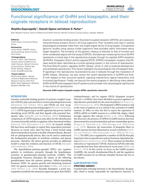 Pdf Functional Significance Of Gnrh And Kisspeptin And Their Cognate