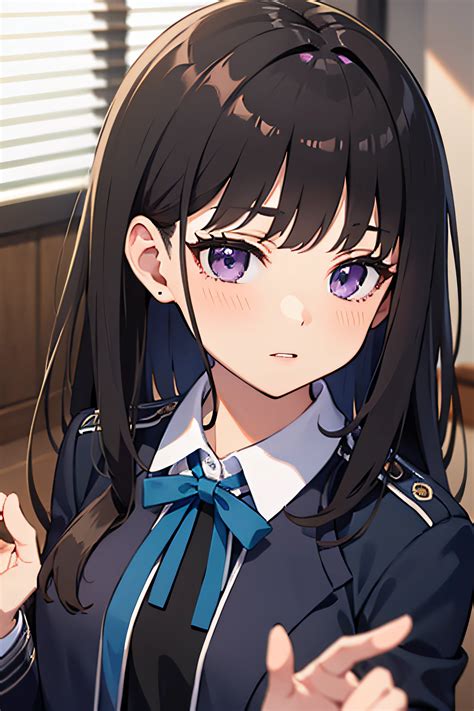 긴 검은 머리와 파란 드레스와 보라색 눈을 가진 애니메이션 소녀 Seaart Ai