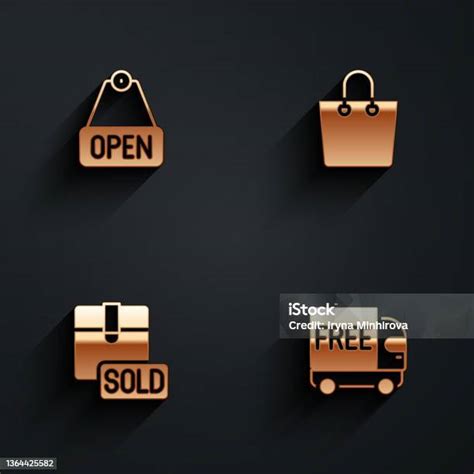 텍스트 열기 종이 쇼핑백 판매 및 긴 그림자무료 배달 서비스 아이콘이 있는 매달려 있는 표지판을 설정합니다 벡터 고무도장에 대한 스톡 벡터 아트 및 기타 이미지 Istock