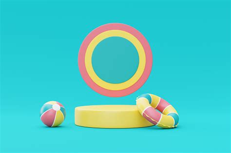 여름 방학 개념의 3d 렌더링 여름 요소 구름과 무지개와 화려한 연단 디스플레이 최소한의 스타일3d 렌더링 계절에 대한 스톡