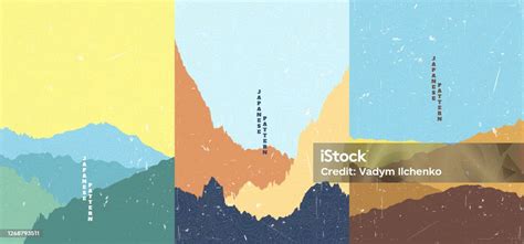 벡터 일러스트 레이션 풍경입니다 나무 표면 질감 언덕 산 초원 일본의 웨이브 패턴 산 배경 아시아 스타일 포스터 책 표지 웹 템플릿 브로셔디자인 라인아트에 대한 스톡 벡터