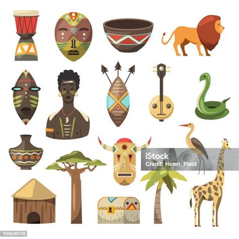 아프리카입니다 아프리카 이미지입니다 벡터 아이콘입니다 기린 마스크 남자 뱀 꽃병 사자 하우스 팜 바오 밥 북에 대한 스톡 벡터 아트 및 기타 이미지 Istock
