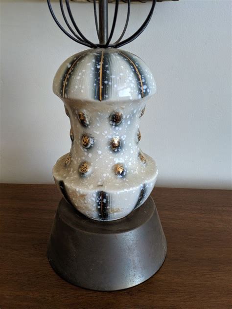 Atomic Age Ivory Ceramic Table Lamp Two Tiered Fiberglass Shade Epoch