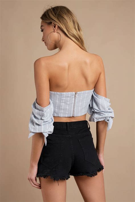 Blue Crop Top Off Shoulder Fitted Crop Top Ruched Short Sleeves