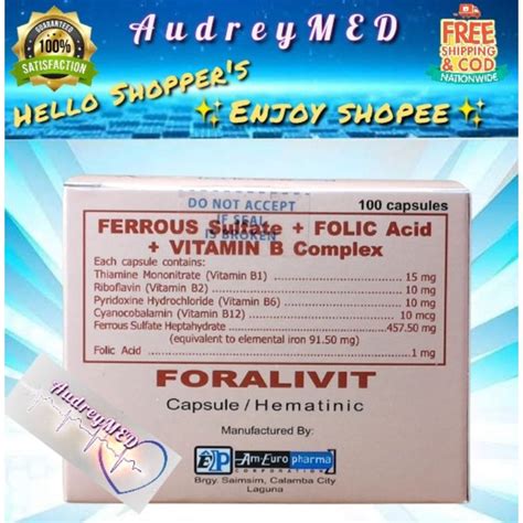 【p3hj6pxe】foralivit Ferrous Sulfate Folic Acid Vitamin B Complex 100 Capsules Lazada Ph