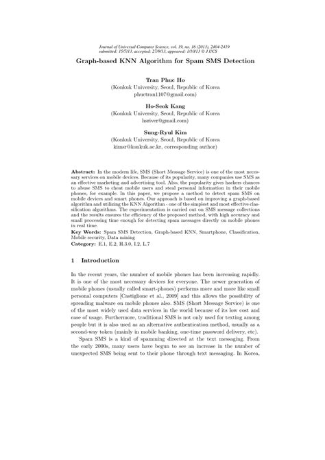 Pdf Graph Based Knn Algorithm For Spam Sms Detection