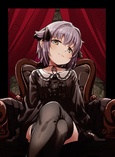 Safebooru 1girl Armchair Black Dress Black Legwear Black Ribbon Blush