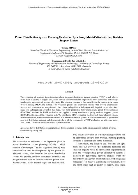 Pdf Power Distribution System Planning Evaluation By A Fuzzy Multi