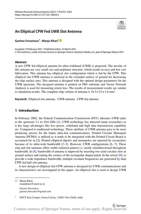 An Elliptical Cpw Fed Uwb Slot Antenna Request Pdf