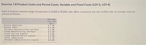 Solved Exercise 1 8 Product Costs And Period Costs Variable