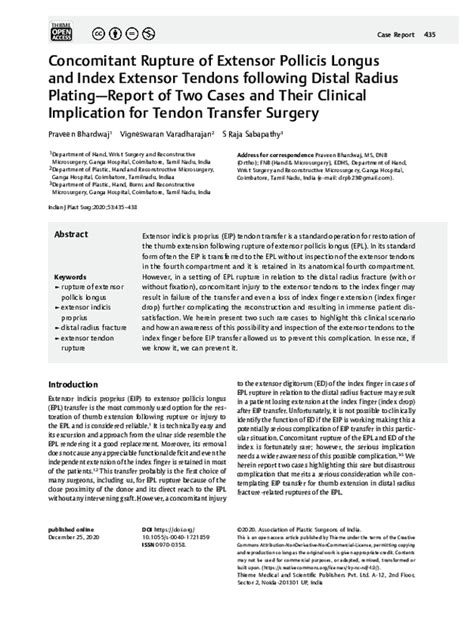 Pdf Concomitant Rupture Of Extensor Pollicis Longus And Index Extensor Tendons Following