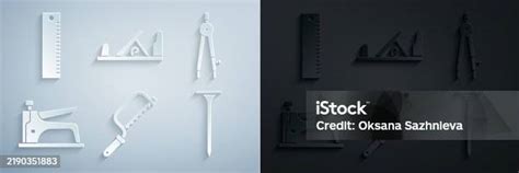 쇠톱 그림 나침반 건설 스테이플러 금속 못 나무 비행기 도구 및 눈금자 아이콘을 설정합니다 벡터 3차원 형태에 대한 스톡 벡터 아트 및 기타 이미지 Istock