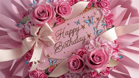 Stunning Happy Birthday Card With Pink Roses And Pearl Decorations