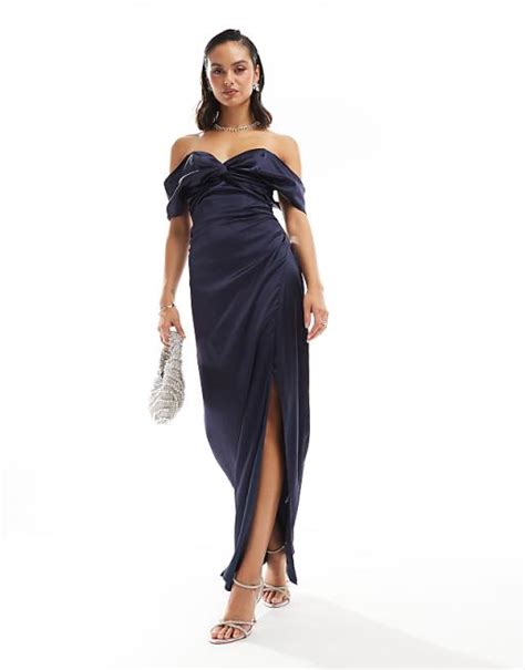 Tfnc Satin Off Shoulder Maxi Dress In Navy Asos