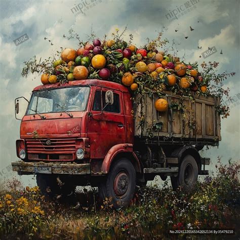Ai创作图秋收绘画 运蔬菜的车 丰收装饰画 油画秋收 丰收画 丰收果实场景 水果装车 装鲜花的货车 卖西瓜大货车 丰收绘画 丰收壁画 丰收油画