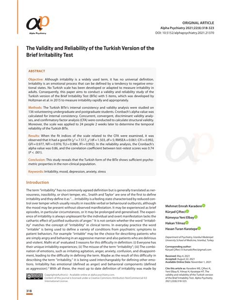 Pdf The Validity And Reliability Of The Turkish Version Of The Brief Irritability Test