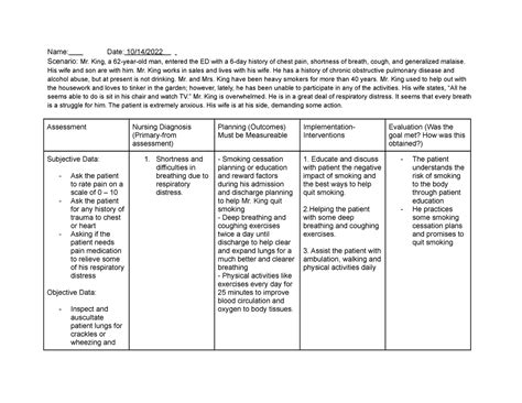 Care Plan 2 Oxygenation Name Date 10 14 Scenario Mr King A 62 Year Old Man Entered The